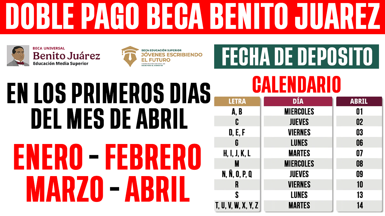 📢 PAGO DOBLE en ABRIL Beca Benito Juárez y Jóvenes Escribiendo el Futuro 💸